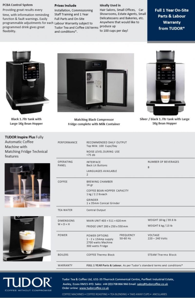 Tudor Inspire Plus Fully Automatic Bean to Cup Coffee Machine - Plumbed ...